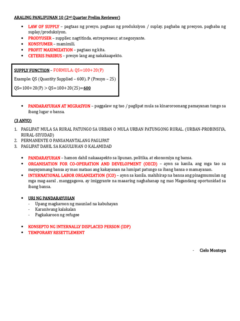 ARALING PANLIPUNAN 10 (2nd Quarter Prelim Reviewer) | PDF