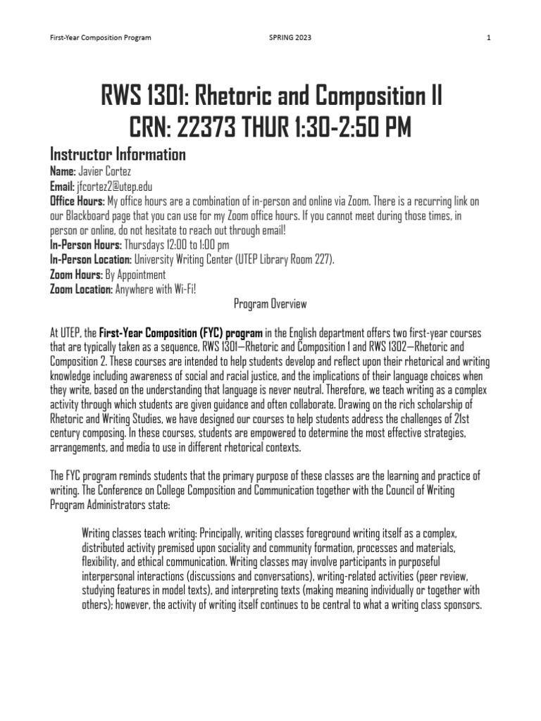 RWS 1302 Syllabus Spring 2023 (22373) - 1 | PDF | Rhetoric | Human ...