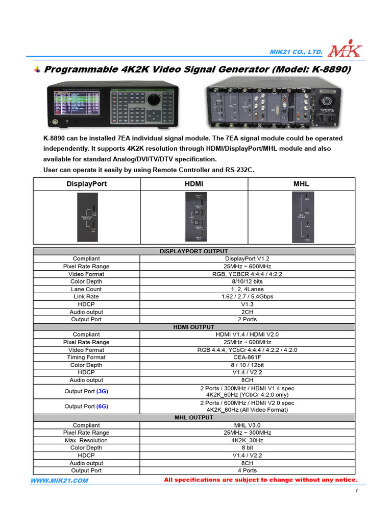 Programmable 4K2K Video Signal Generator (Model: K-8890) : Displayport ...