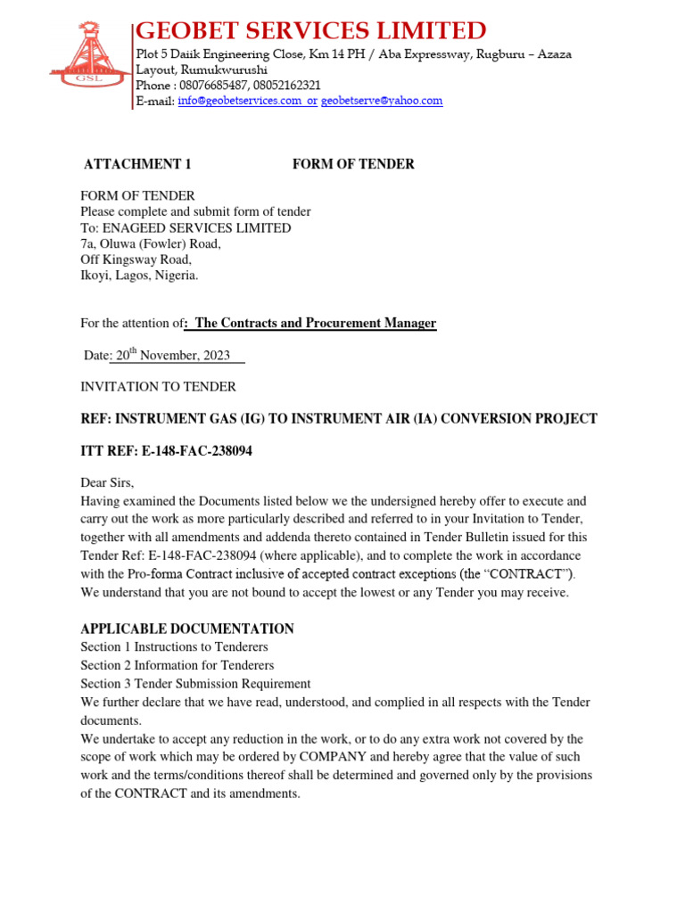 0.1 - Attachment 1 - Form of Tender | PDF | Legal Documents | Government