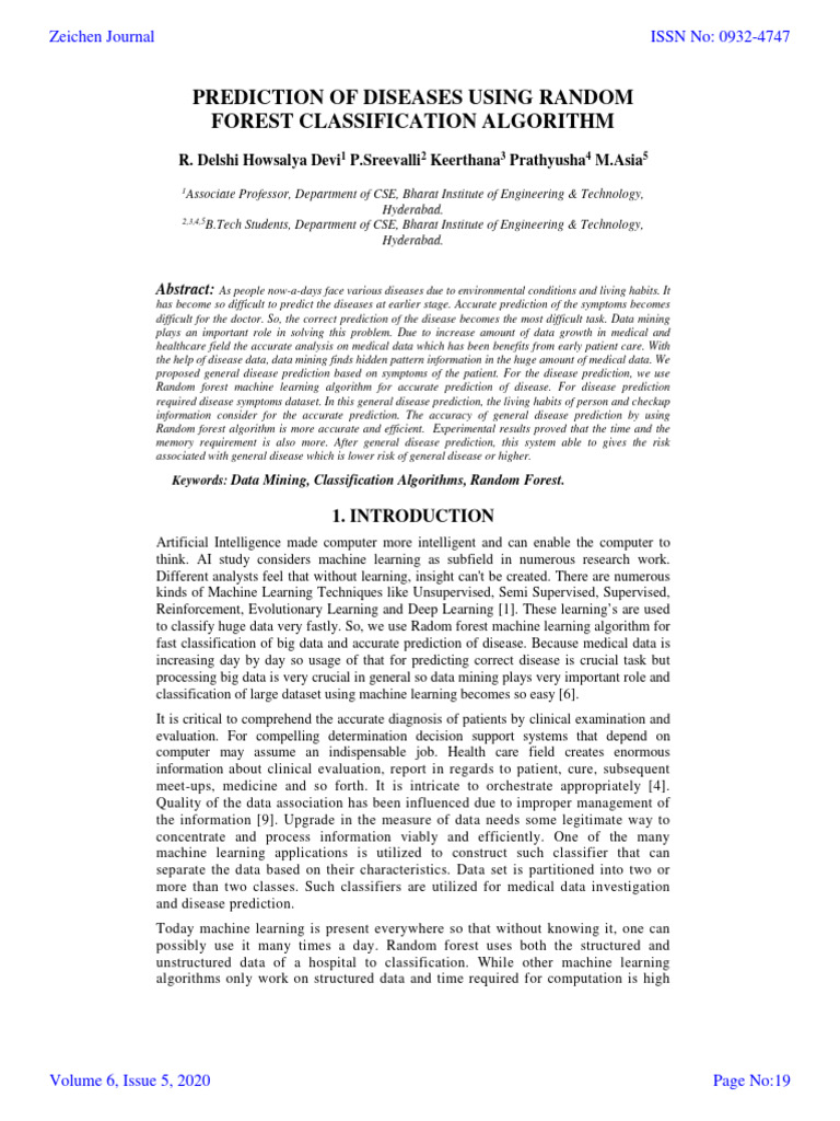 Prediction Of Diseases Using Random Forest Pdf Machine Learning