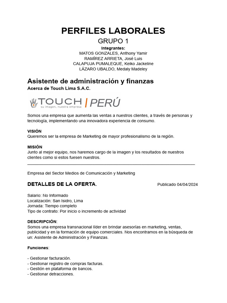 Informe de Perfiles Laborales Grupo 5 Matos Gonzales - Anthony Yamir | Descargar gratis PDF ...