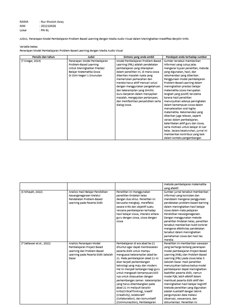 PBL dan Media Audio Visual untuk Kreativitas | PDF | Karier & Perkembangan