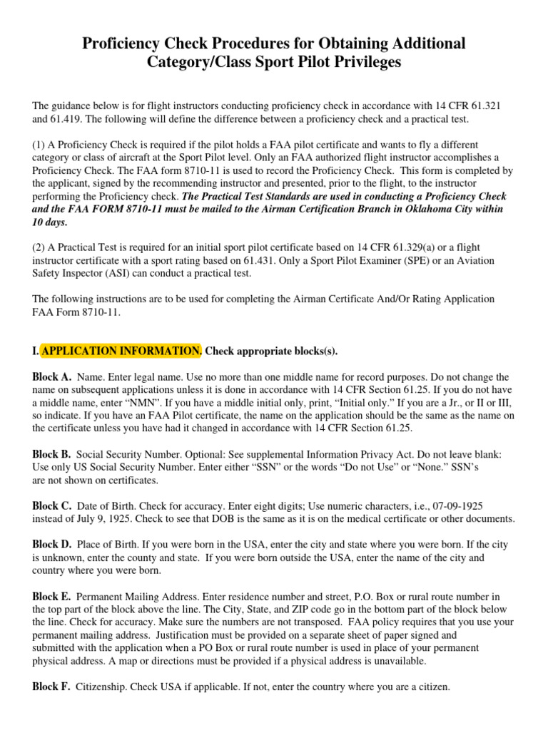 SP FAA directions fo proficiency check documentation and endorsements ...