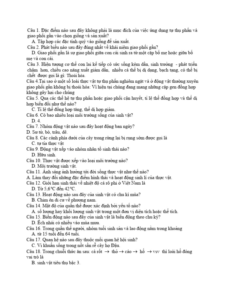 Trắc Nghiệm Sinh Hk2 | PDF