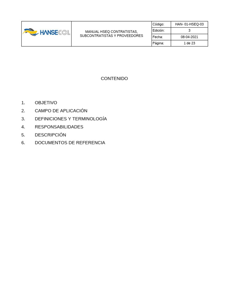 HAN 01 HSEQ 03 Manual de Seguridad y Salud en El Trabajo para Contratistas Subcontratistas y ...