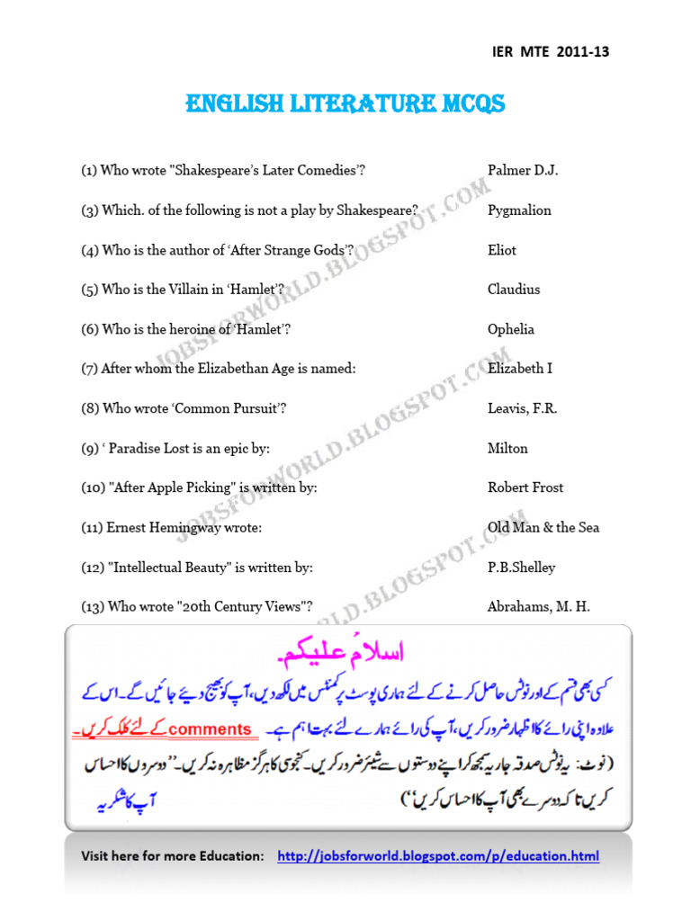 English Literature MCQs Part 1 | PDF | Classics