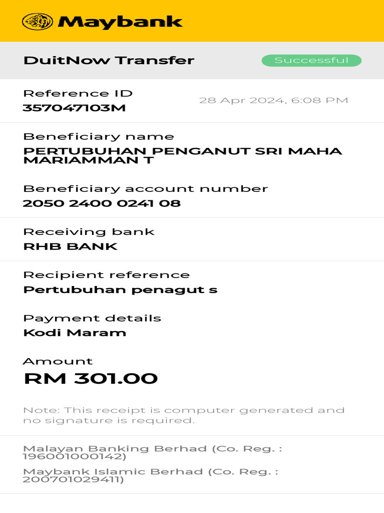 DuitNow Transfer Receipt - RM 301.00 | PDF