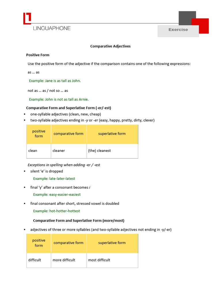 Adjectives - Comparative Adjectives - Exercise | Download Free PDF ...