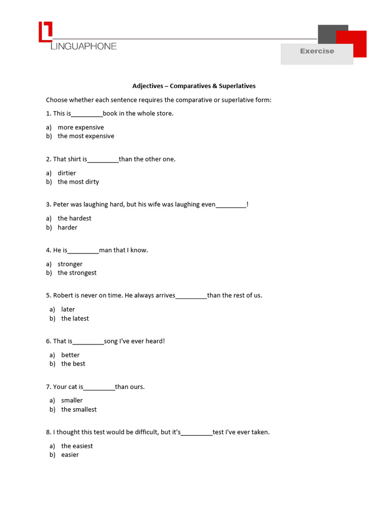 Adjectives – Comparatives & Superlatives 1 - Exercise | PDF