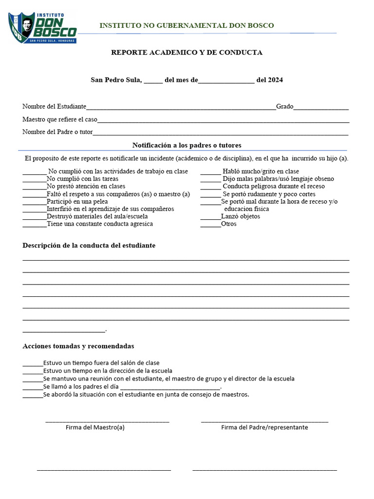Hoja de Conducta de Estudiantes | PDF | Aprendizaje | Modificación de ...