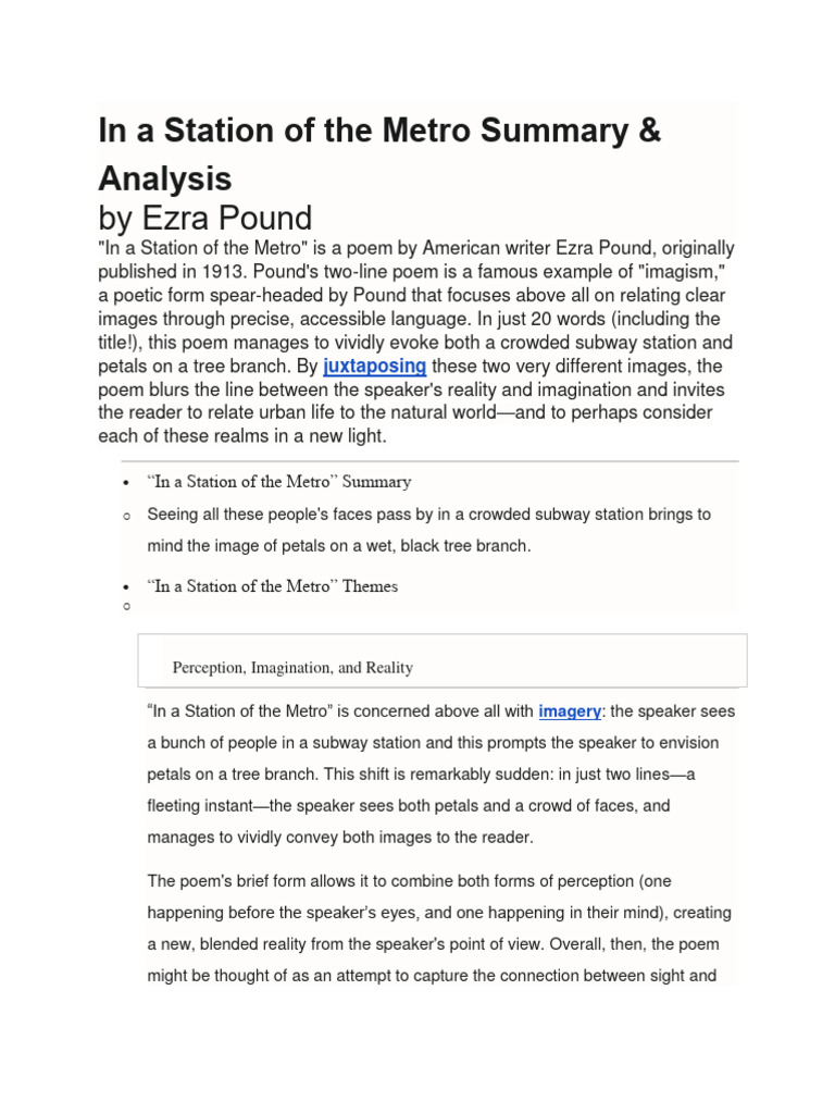 In A Station of The Metro Summary by Ezra Pound | PDF | Poetry ...