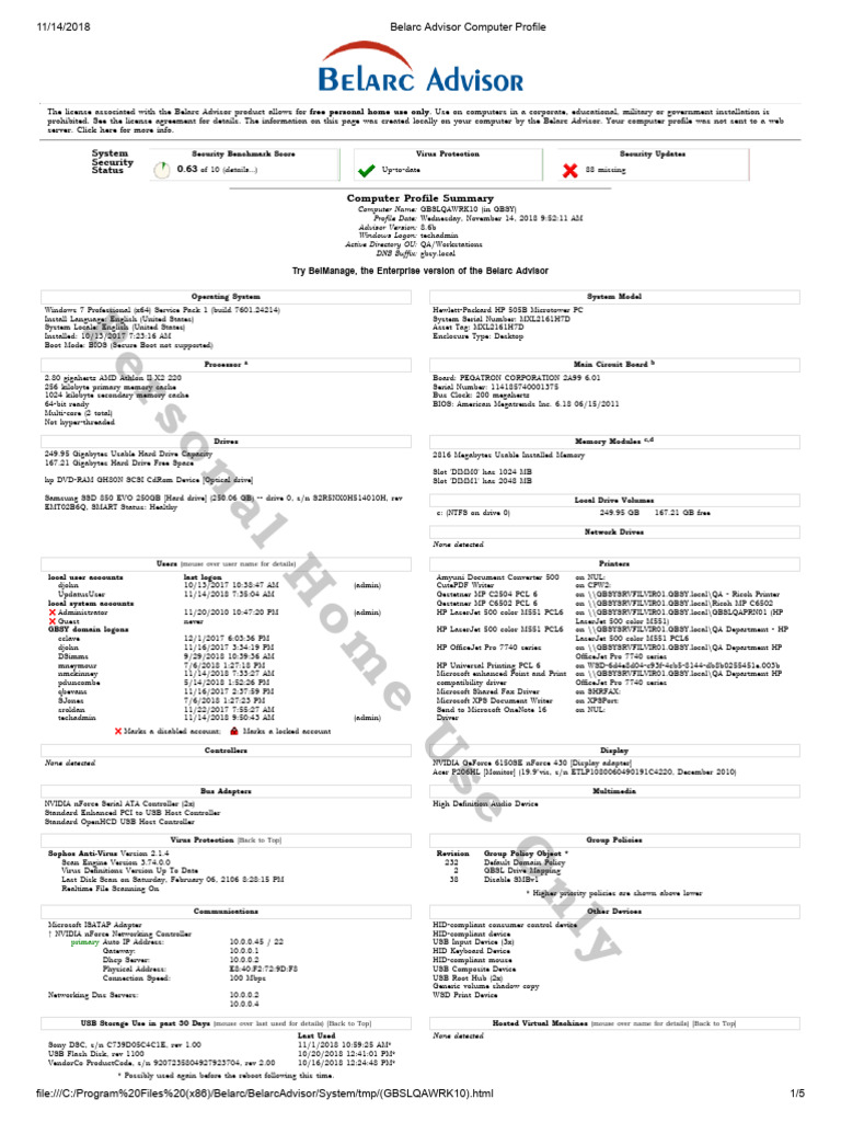 Belarc Advisor Computer Profile QA10 | PDF | Computer Network | Usb