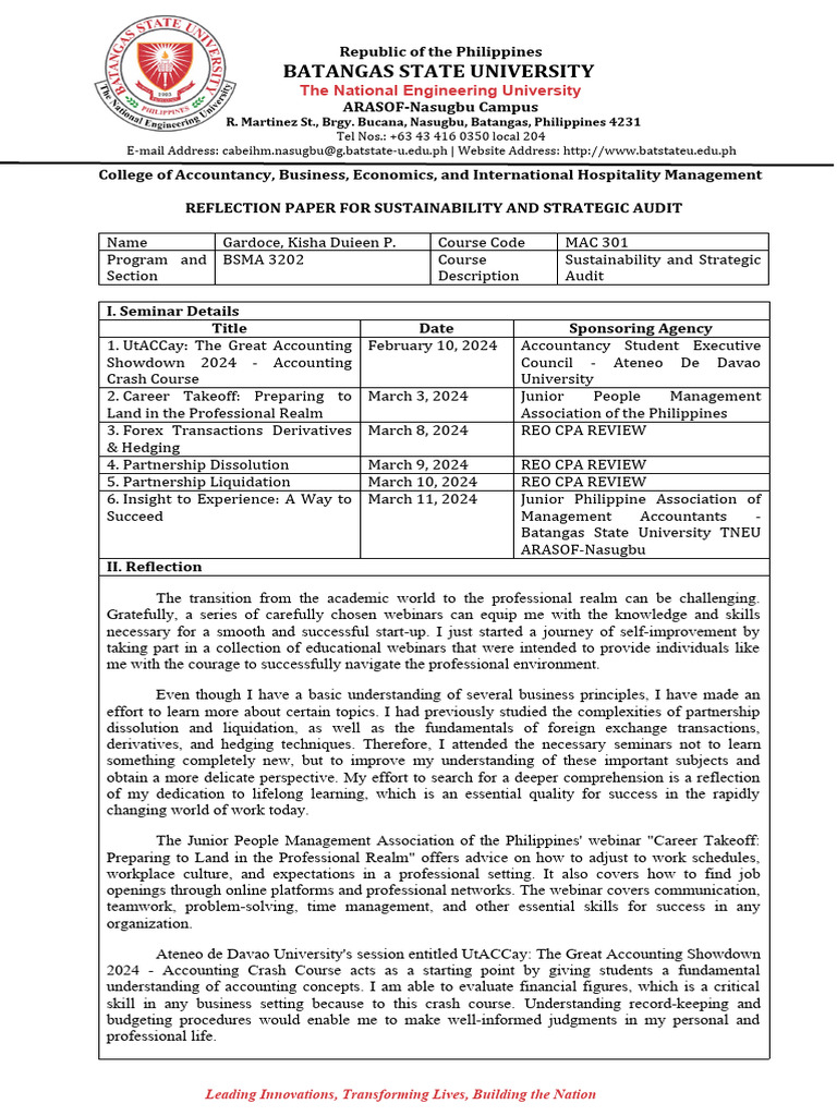 Reflection Paper BSMA 3202 GARDOCE KDP | PDF | Business | Economies