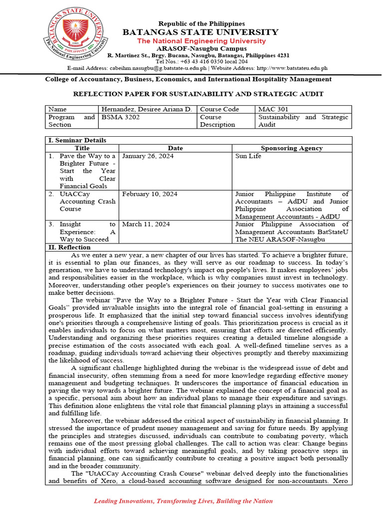 Reflection Paper BSMA 3201 HERNANDEZ DAD | PDF | Goal | Accounting