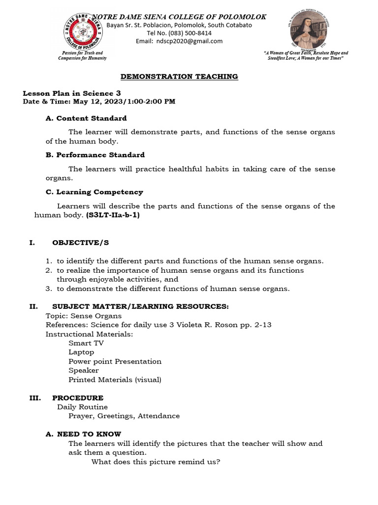 LESSON-PLAN-SCIENCE-3 | PDF | Senses | Perception