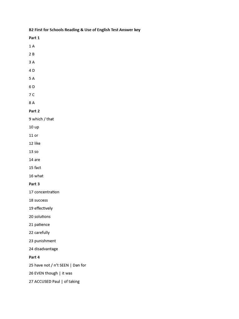 b2 First For Schools Reading Use of English Test Answer Key | PDF