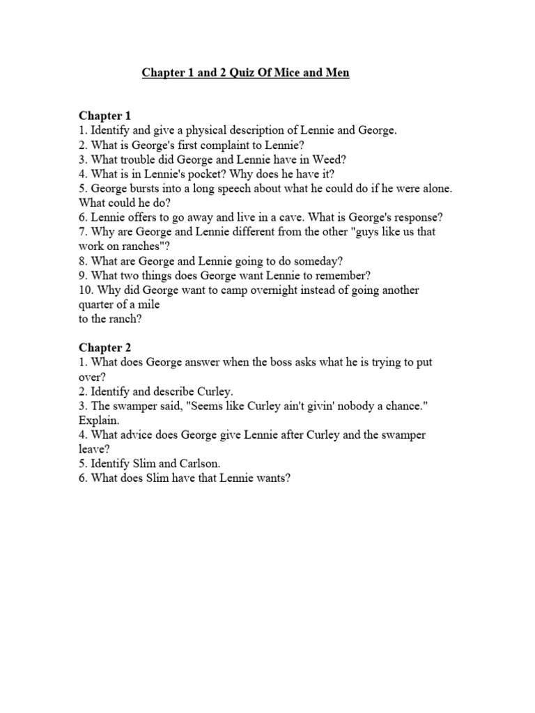 Of Mice and Men Chapters 1-2 Quiz | PDF | Sports & Recreation ...