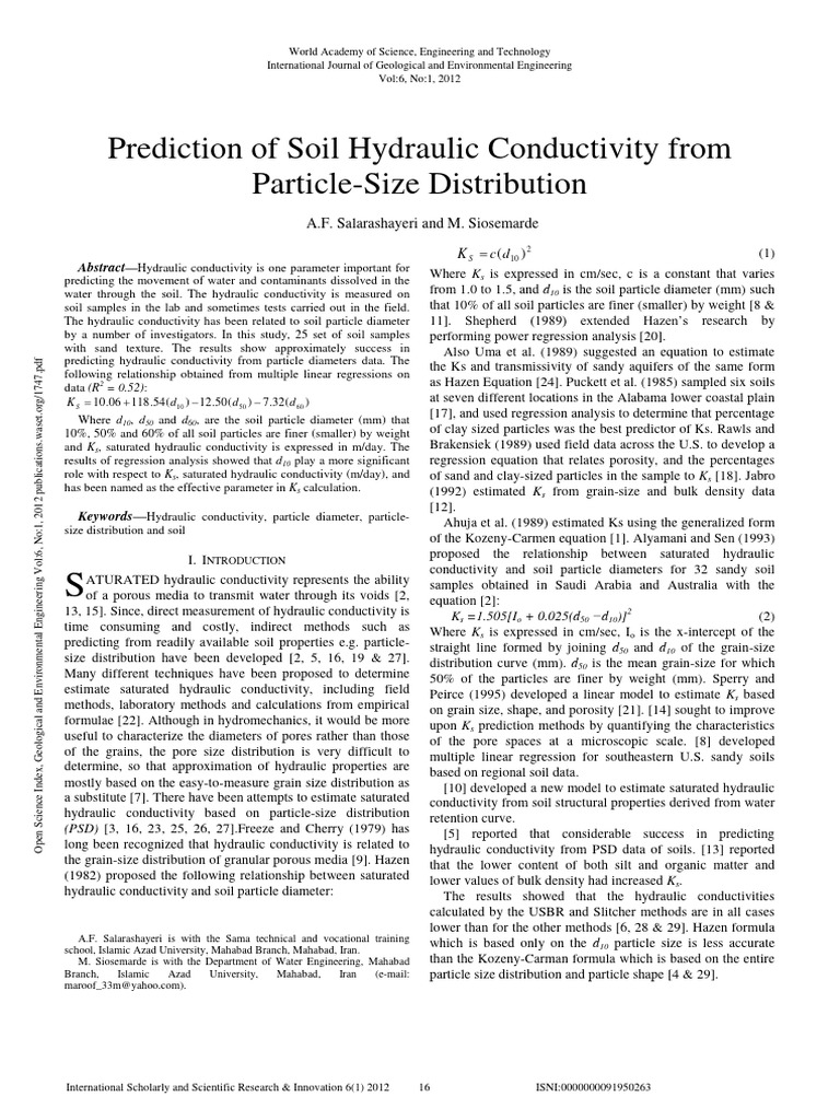 Prediction of Soil Hydraulic Conductivity From Particle Size ...