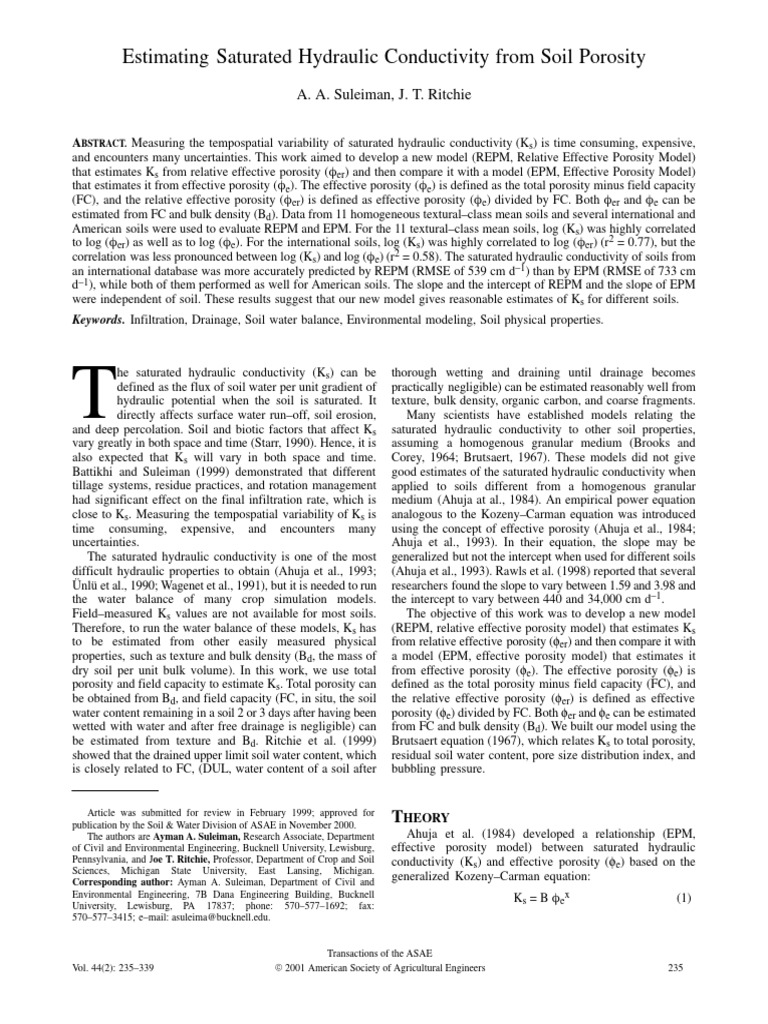 Suleiman 2001 Estimating Saturated Hydraulic Conductivity From Soil ...