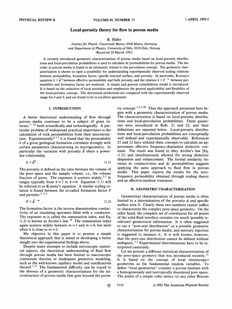 Hilfer 1992 Local-Porosity Theory For Flow in Porous Media | PDF ...