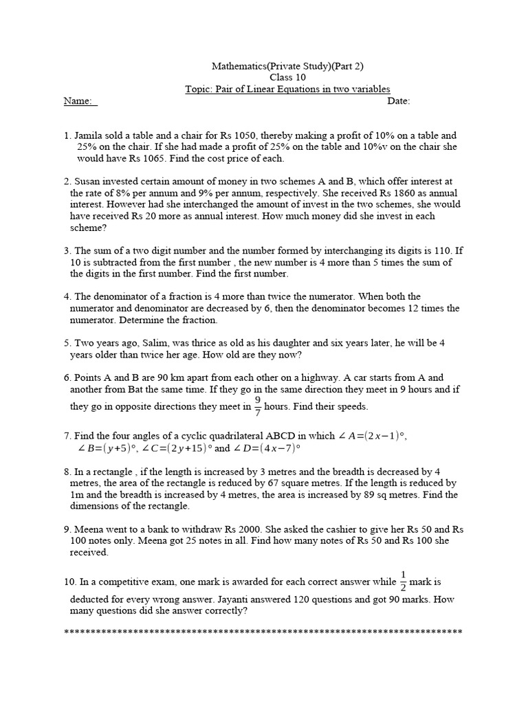 Private Study cl10 (Pair of Linear Equations in 2 Variables) PVT Study (Part2) | PDF | Rectangle ...