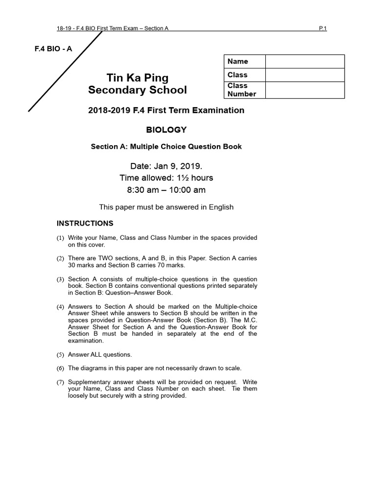 F.4 Biology First Term Exam 2018-19 | PDF | Breathing | Respiratory System
