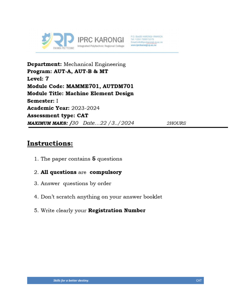 CAT-GENEE801 Marking Scheme | PDF | Bearing (Mechanical) | Reliability Engineering