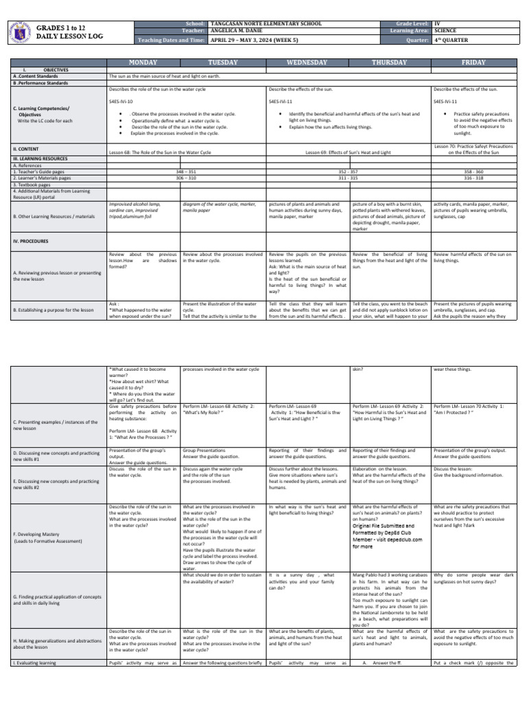 DLL - Science 4 - Q4 - W5 | PDF | Water | Learning