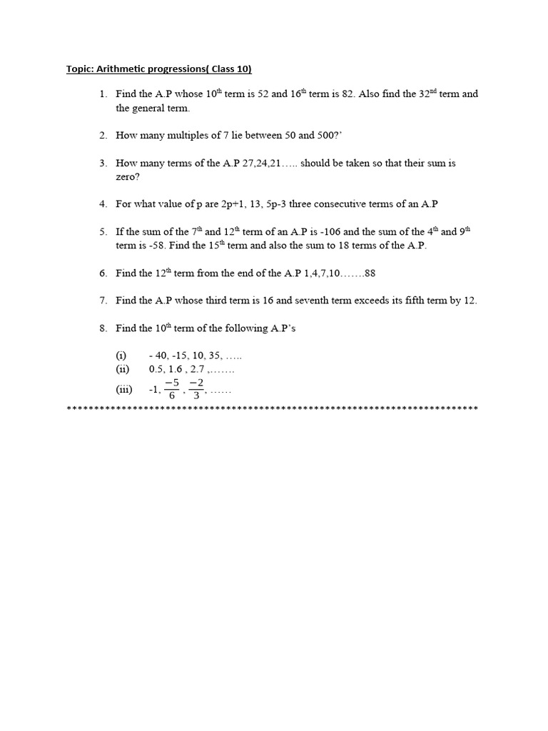 Arithmetic Progressions Practice Questions Class 10 | PDF | Teaching ...