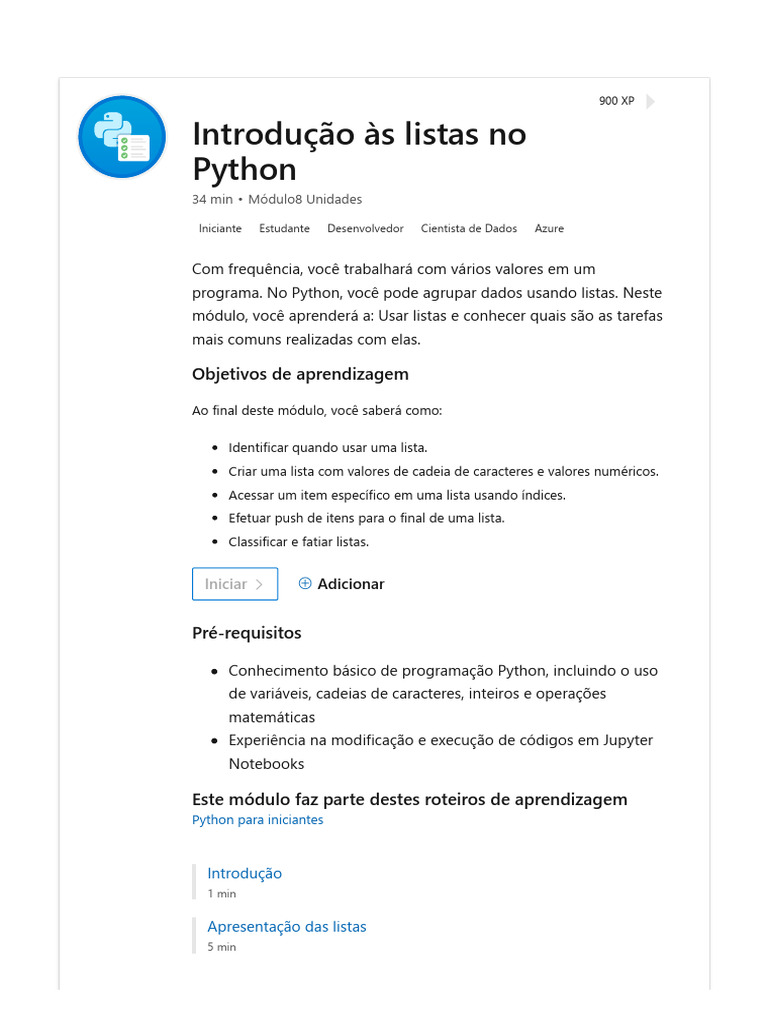 27 Introdução Às Listas No Python - Training - Microsoft Learn | PDF