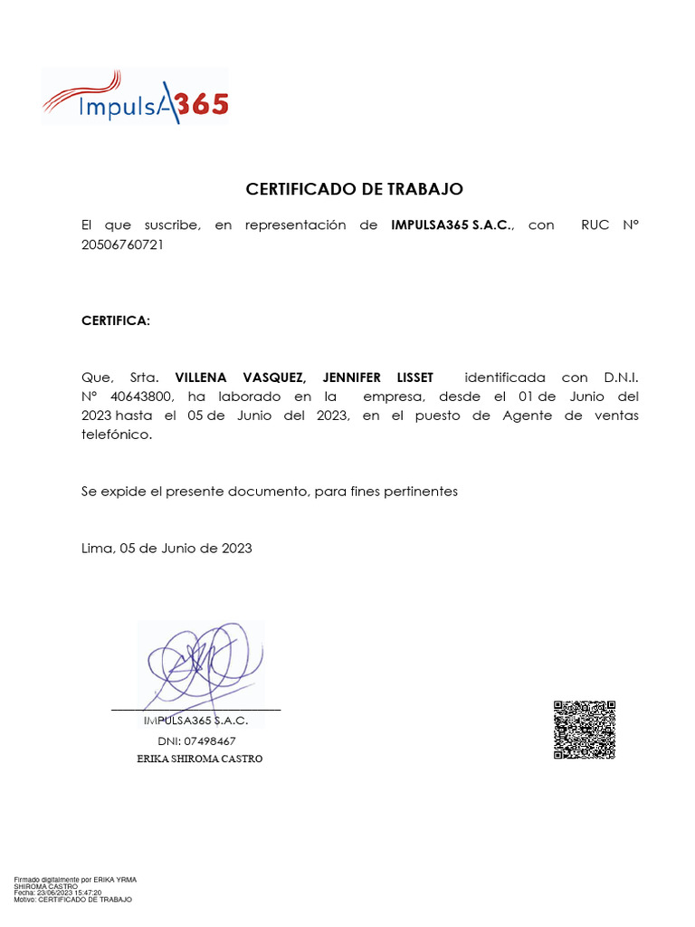 Certificado Laboral Jennifer Villena | PDF | Finanzas y dinero