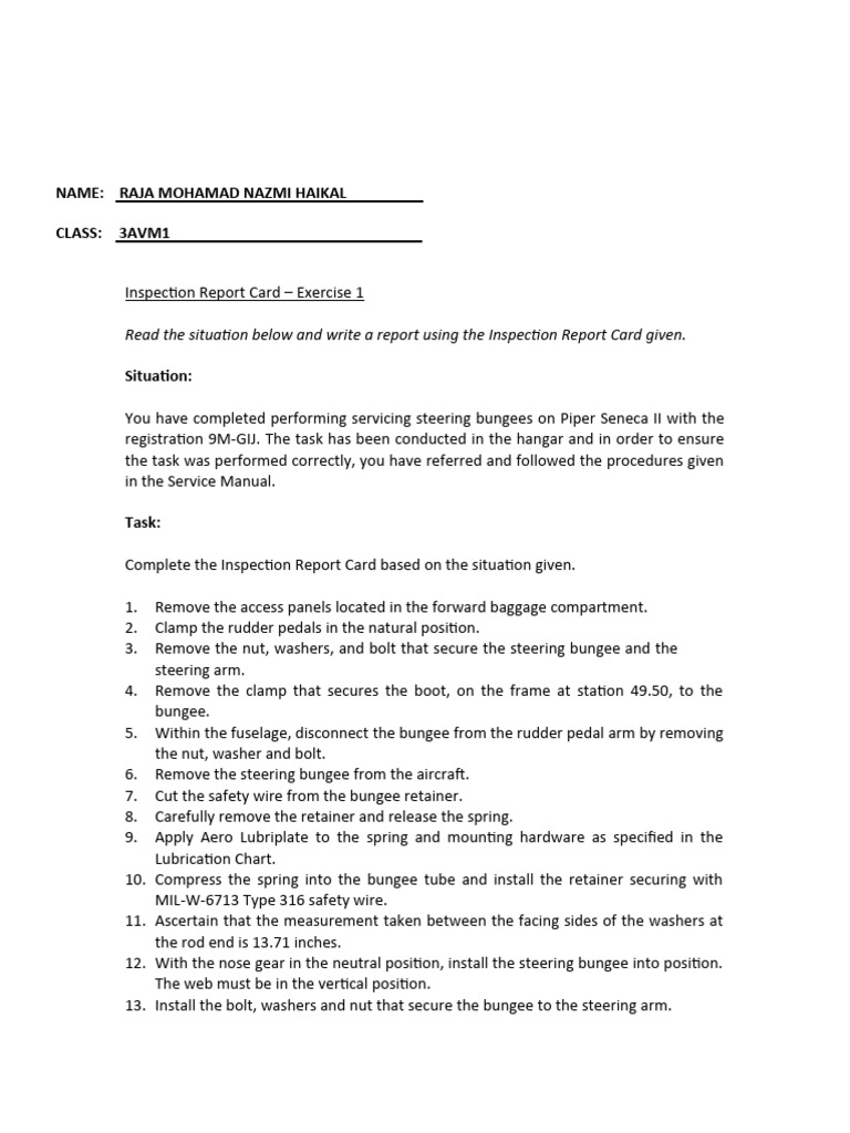 Lesson 1 (b1) - Inspection Report Card Exercise - RAJA - 3AVM1 | PDF ...