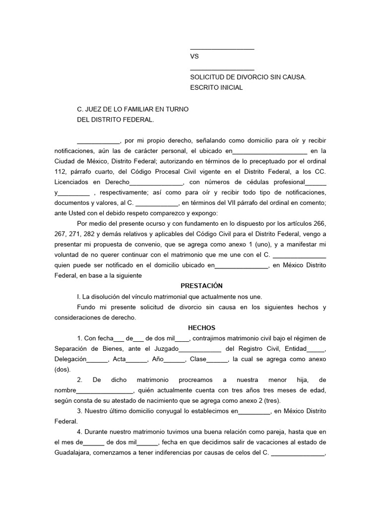 Modelo de Solicitud de Divorcio Sin Causa (Promoviendo Uno de Ellos ...