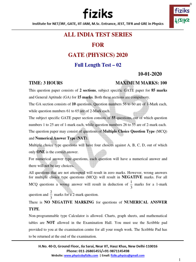 GATE Full Length Test - 02 | PDF | Multiple Choice | Gases