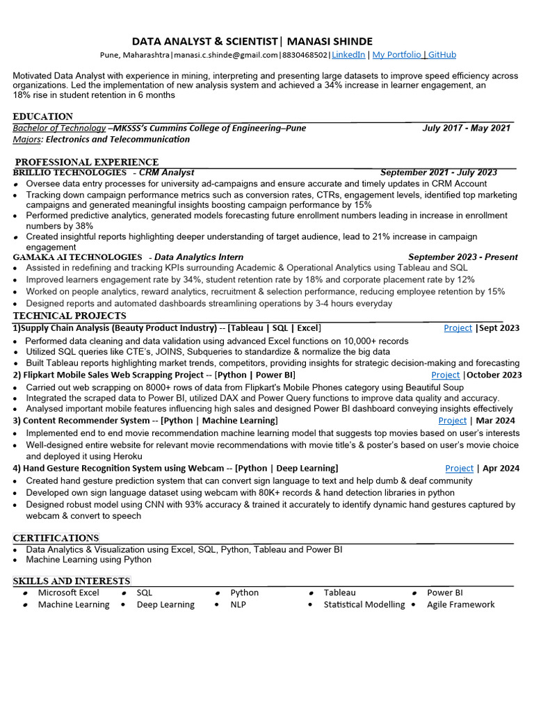 Manasi - C - ShindeResumeDataAnalyst28 - 04 | PDF | Analytics | Machine Learning