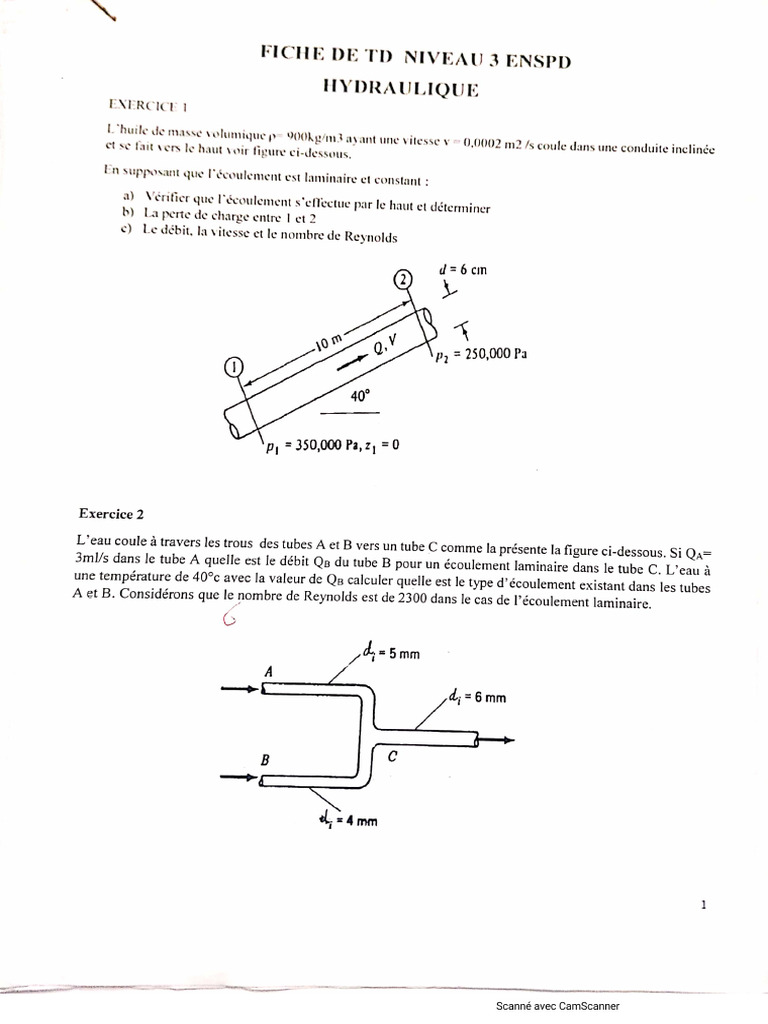 Fiche de TD Hydraulique | PDF