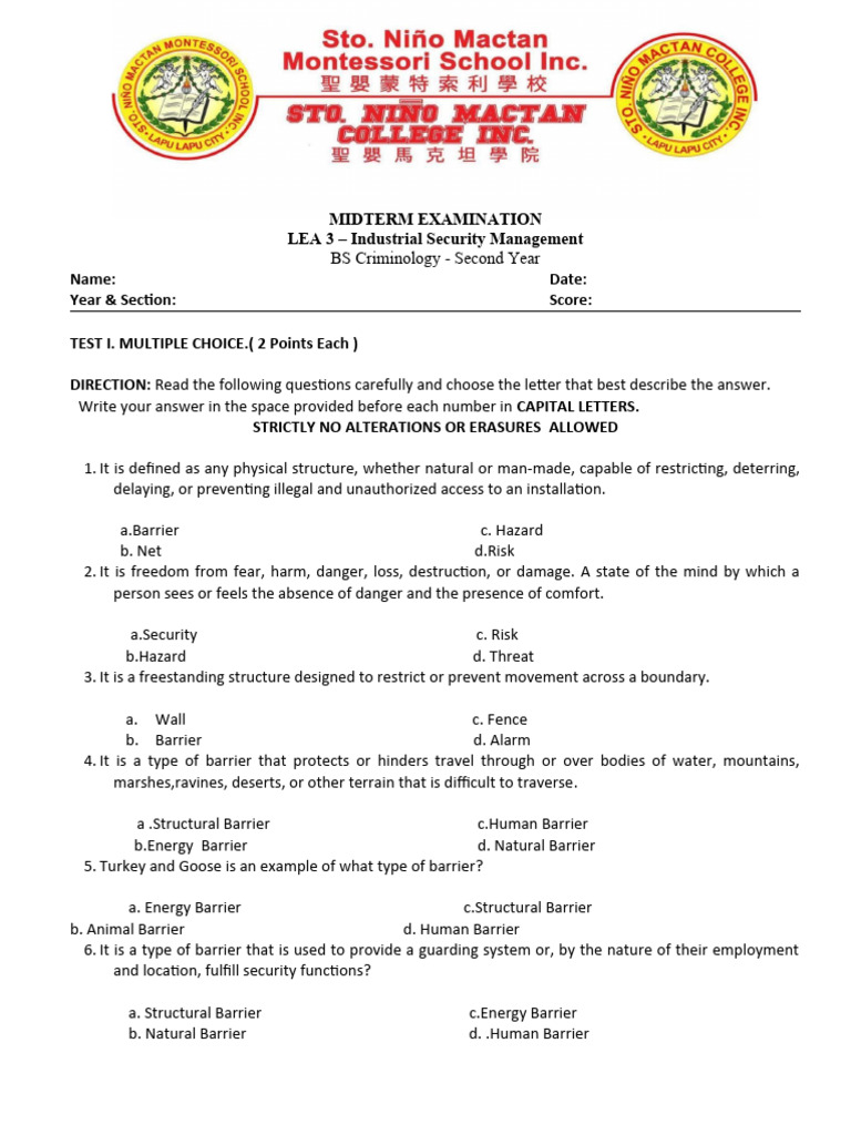 Lea 3 - Midterm Examination | Download Free PDF | Physical Security | Safety