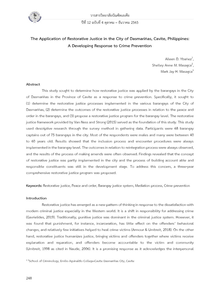 The Application of Restorative Justice in The City of Dasmariñas, Cavite, Philippines | PDF ...