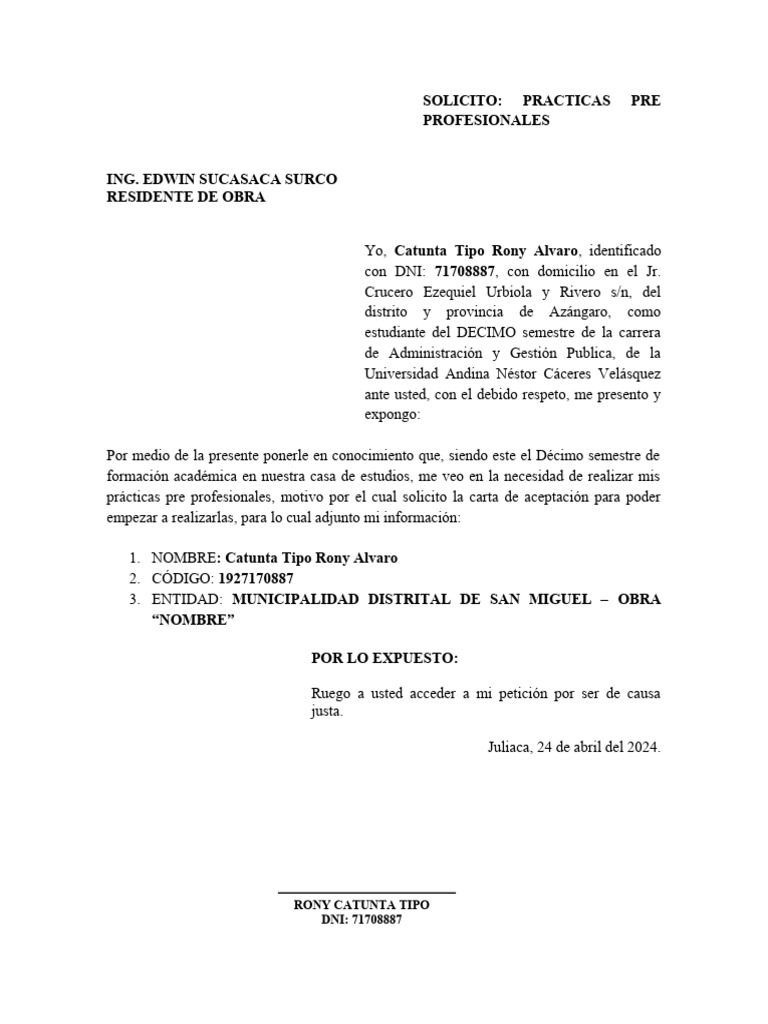 MODELO DE SOLICITUD DE PRACTICA. AGP | PDF