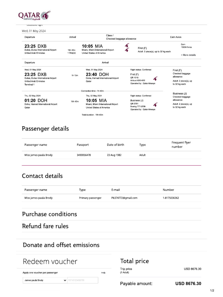 Qatar Airways Flight Tickect | PDF