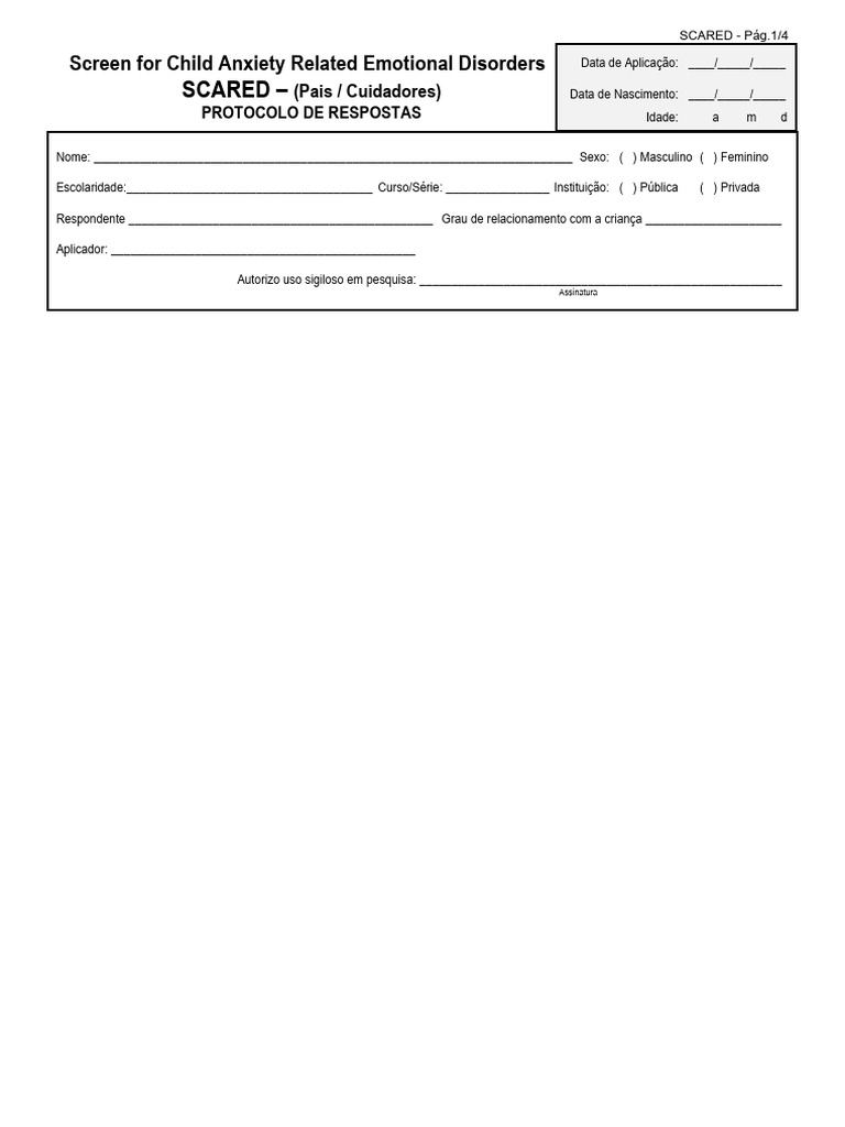 cópia de SCARED - Protocolo | PDF | Transtorno de pânico | Ansiedade