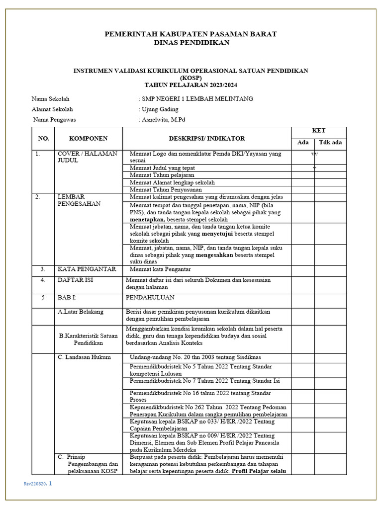 KOSP SMPN 1 Lembah Melintang 2023/2024 | PDF