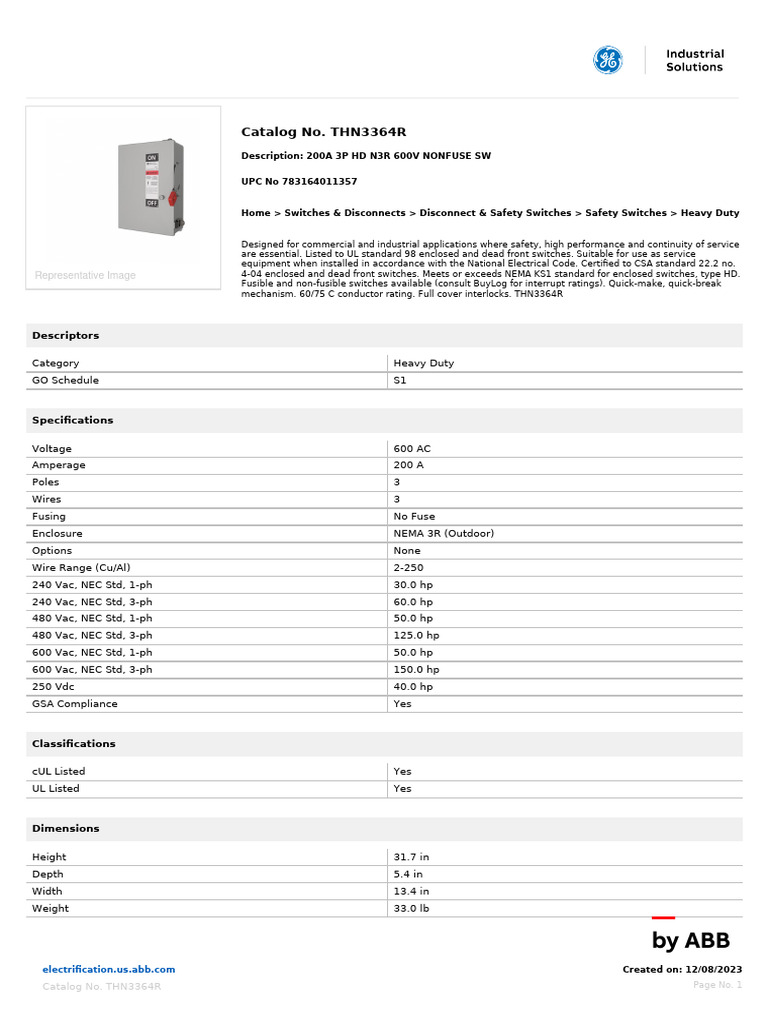 GE THN3364R Specification Sheet | PDF