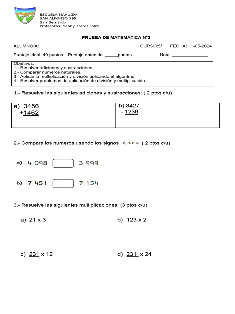 Prueba Sumativa N°2 Multiplicación y División 5°A 2024 | PDF