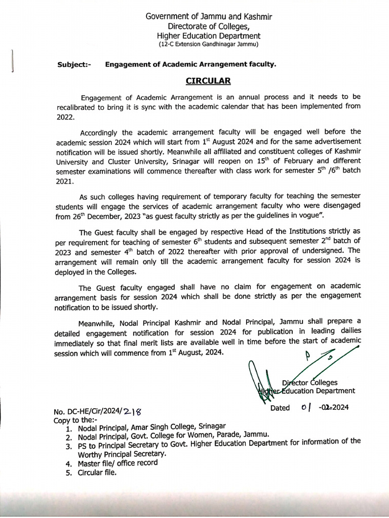 Acadaemic Arrangement Faculty Circular | PDF