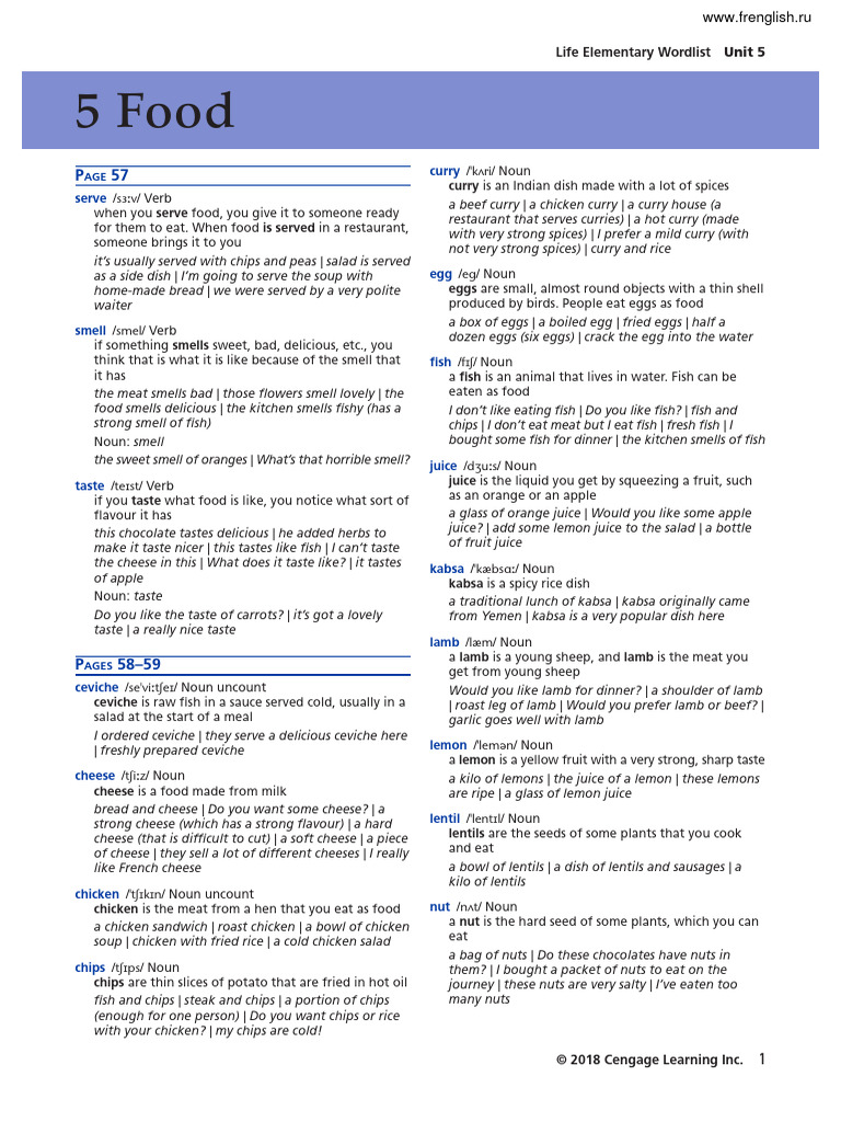 Life Elem Wordlist Final Alphabetised Unit 5 | PDF | Menu | Pasta