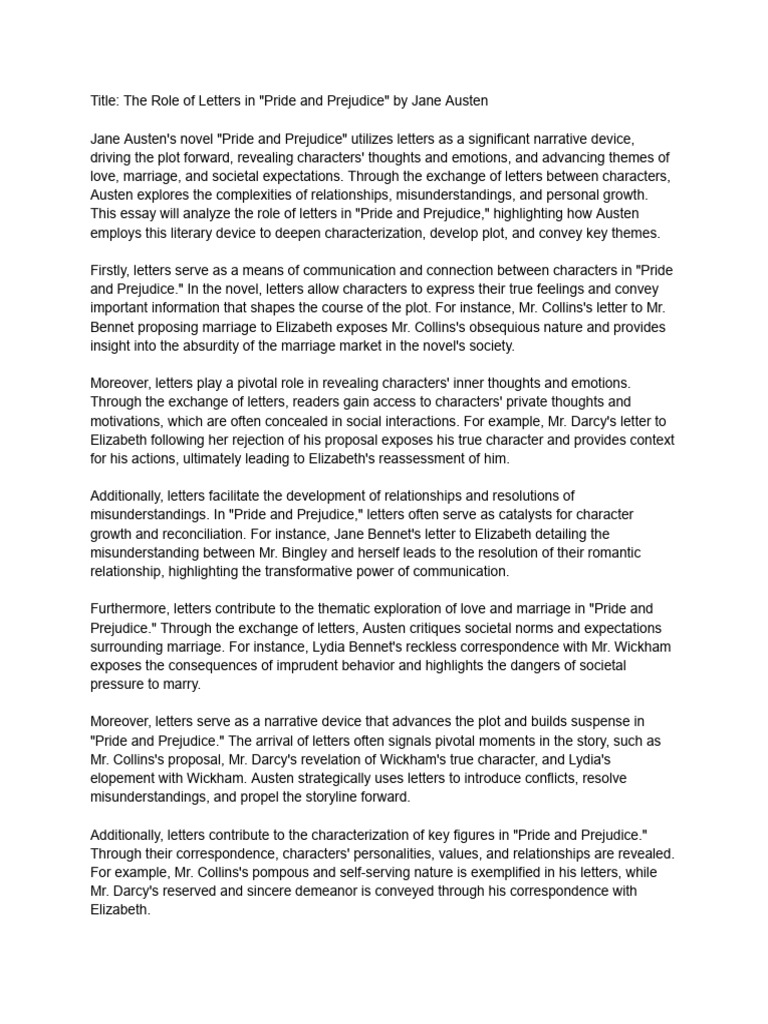 The Role of Letters in - Pride and Prejudice - by Jane Austen | PDF ...