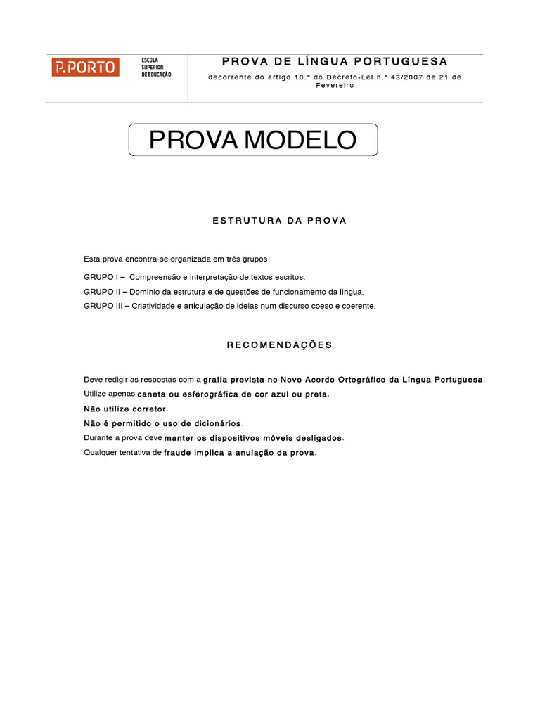 Prova MODELO de Lingua Portuguesa | PDF | Portugal | Português (idioma)