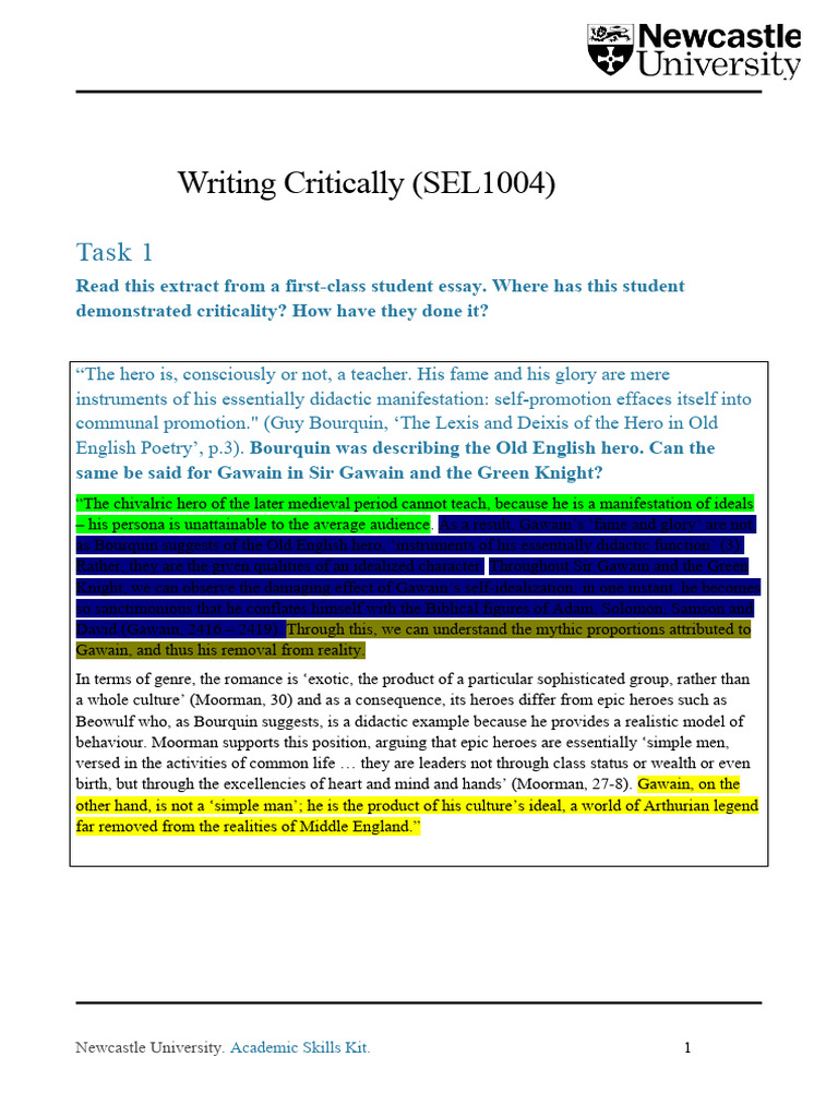 SEL1004 Writing Critically Handout (Student Version) | Download Free PDF | Gawain | Hero